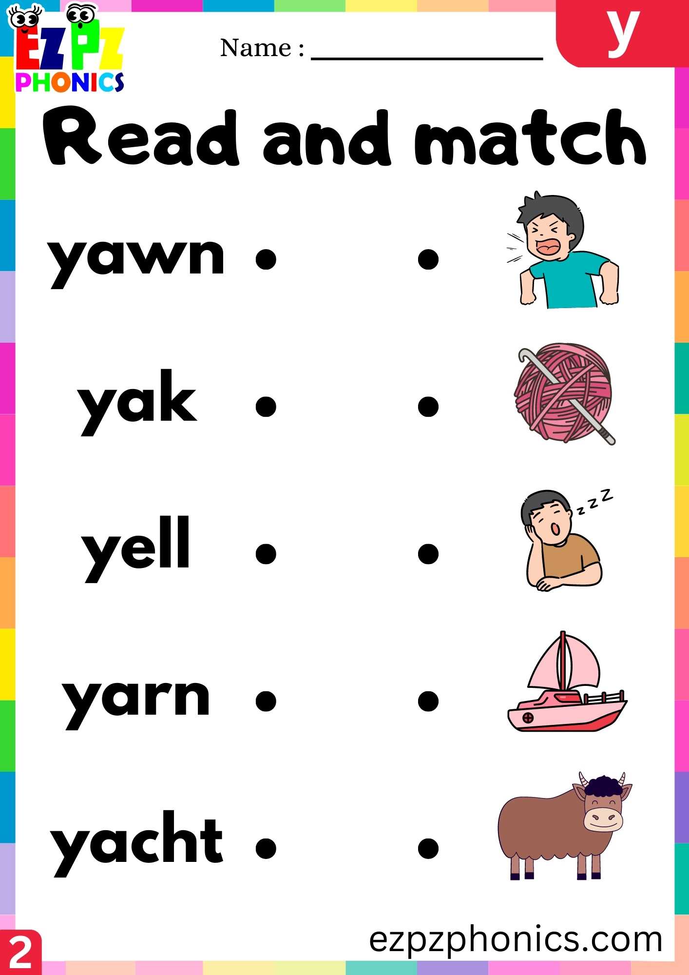 Group2 Letter Y Read And Match Beginning Sounds Worksheet - ezpzphonics.com